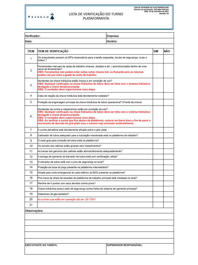OPS-BRA-FOR-018 - Check List Diário - Sonda - Plataformista - Rev.03 | PDF