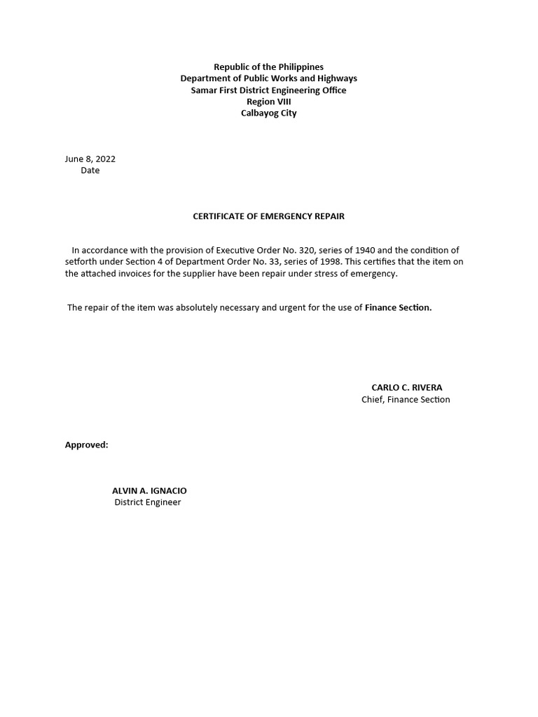 Emergency Repair Certification | PDF