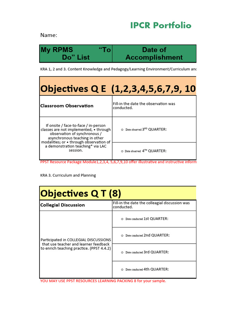 IPCR Portfolio MOVs Tracker | PDF | Teachers | Learning