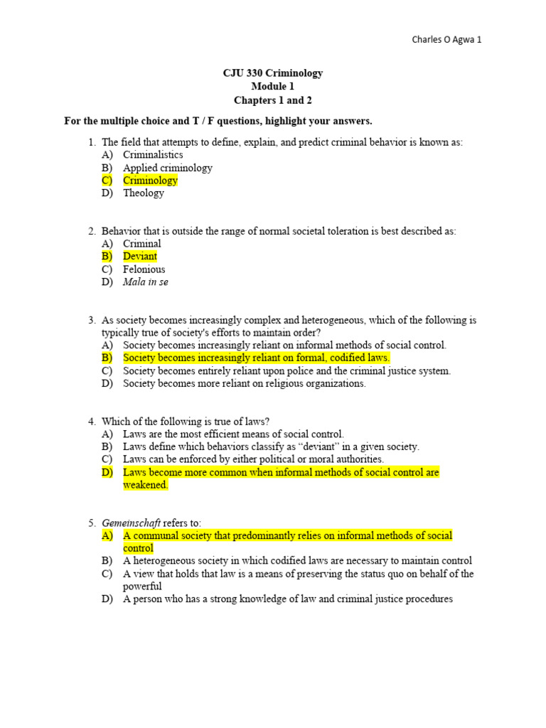 CJU 330 Criminology Mod 1 Comprehension Questions | PDF | Crimes ...