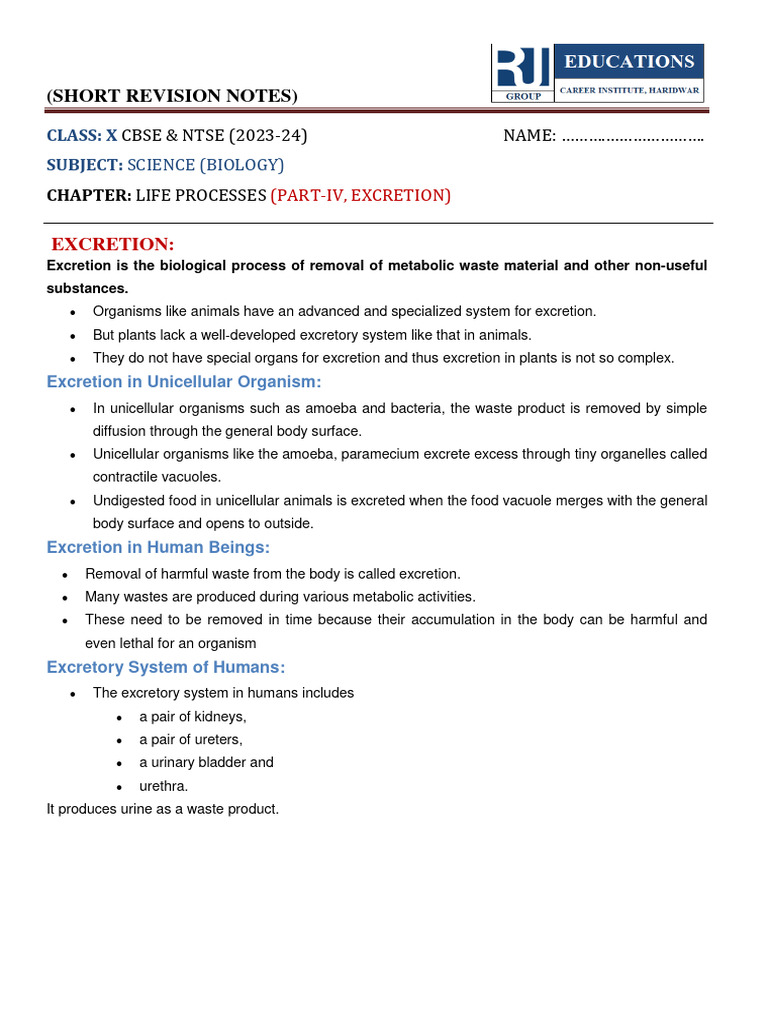 Notes - Life Processes - Excretion - C-X - PART-IV | PDF | Kidney ...