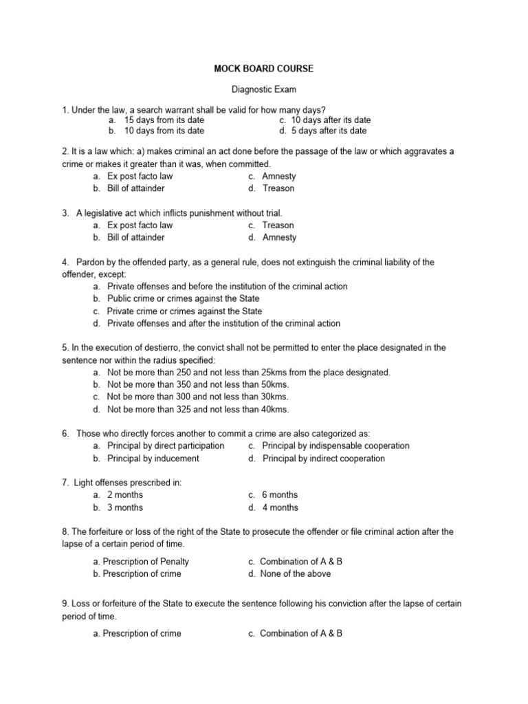 Diagnostic Exam-MBC-WITHOUT Answer (CH) | PDF | Burden Of Proof (Law) | Ballistics