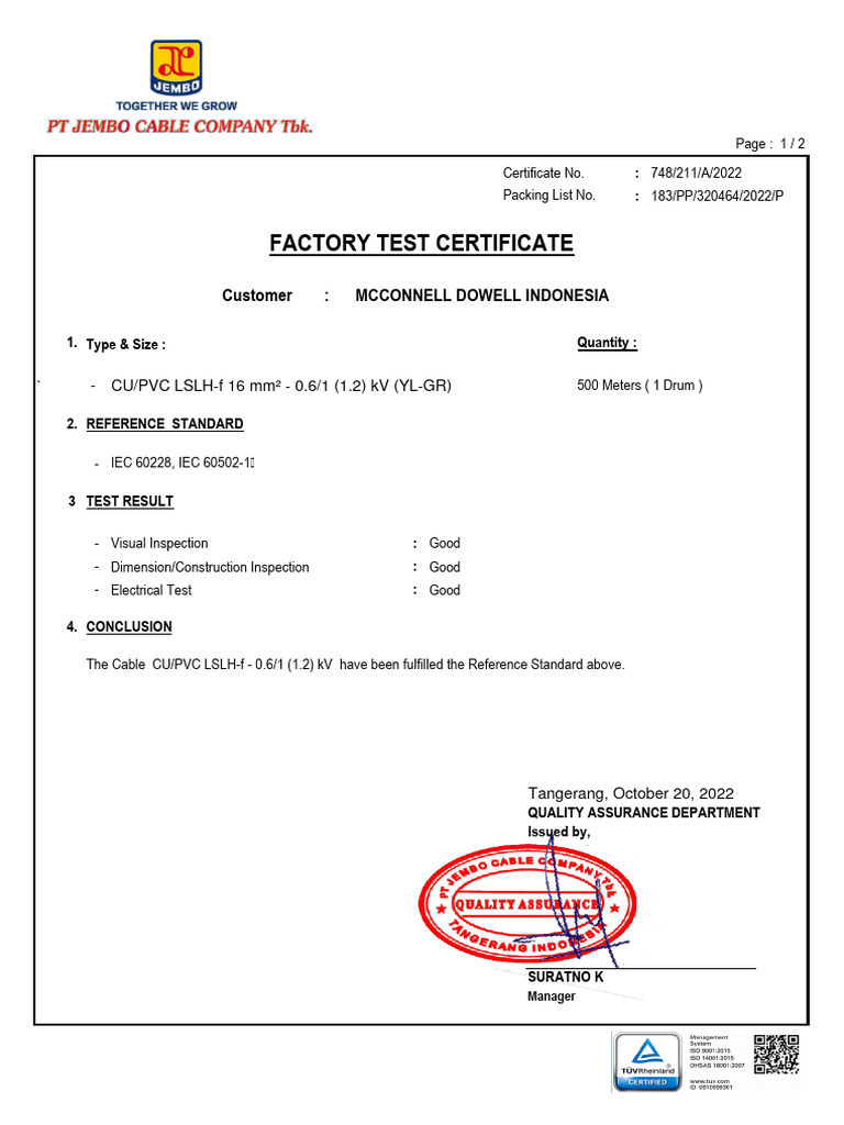 748-22-A (Cu-Pvc LSLH-F) Mcconnell Dowell Indonesia, PT | PDF | Insulator (Electricity ...