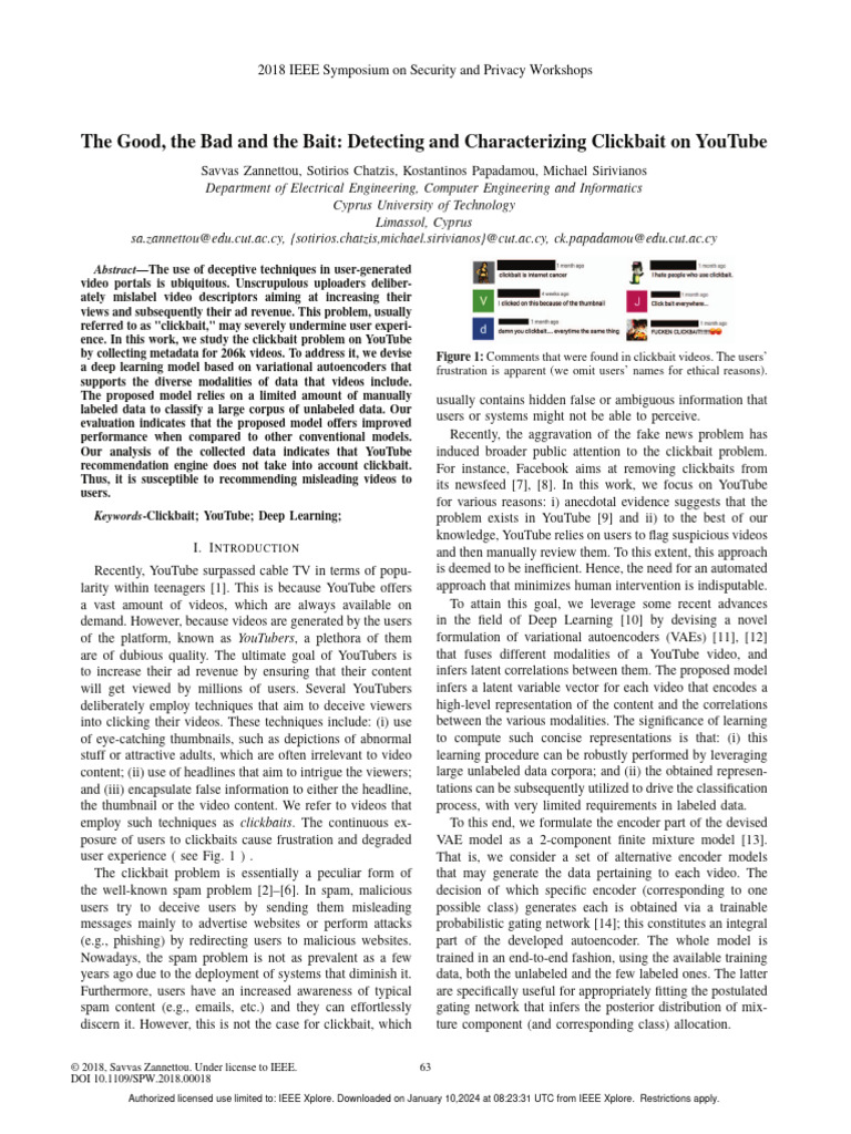 The Good The Bad and The Bait Detecting and Characterizing Clickbait On YouTube | PDF | Deep ...