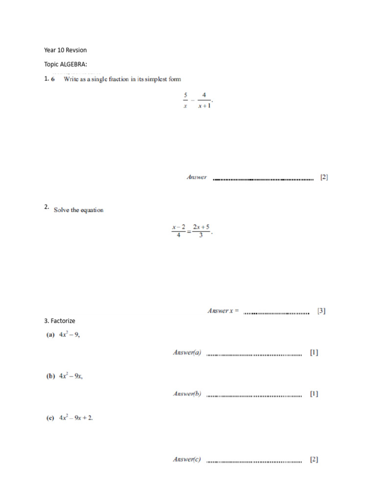 Year 10 Term 1 ALGEBRA Revsion2023 | PDF