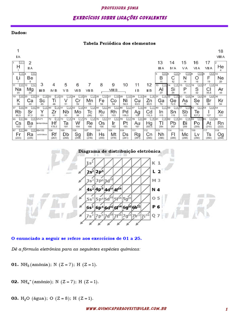 Lista de Exercícios - Compostos Covalentes - Fórmula Estrutural | PDF ...