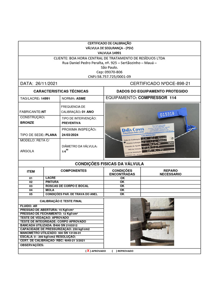 Certificado Valvula | PDF