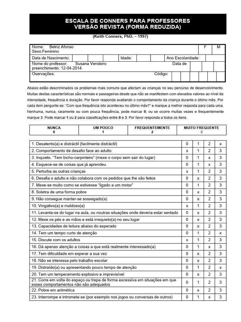 Escala de Conners para Professores | PDF | Transtorno de déficit de ...