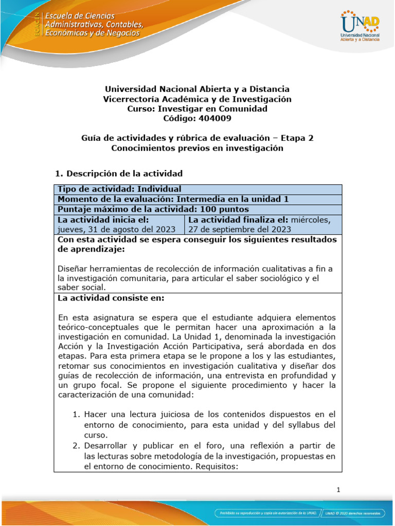 Guía de actividades y rúbrica de evaluación - Unidad 1 - Etapa 2 - Conocimientos previos en ...