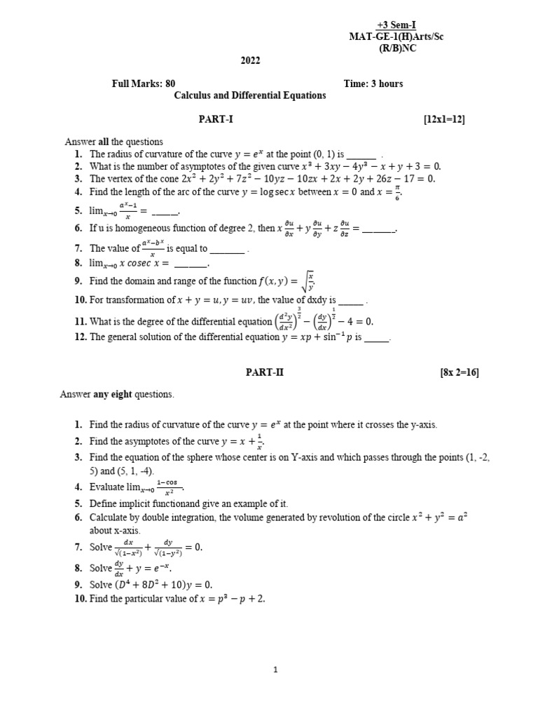 Calculus & Differential Equations Exam | PDF | Curve | Curvature