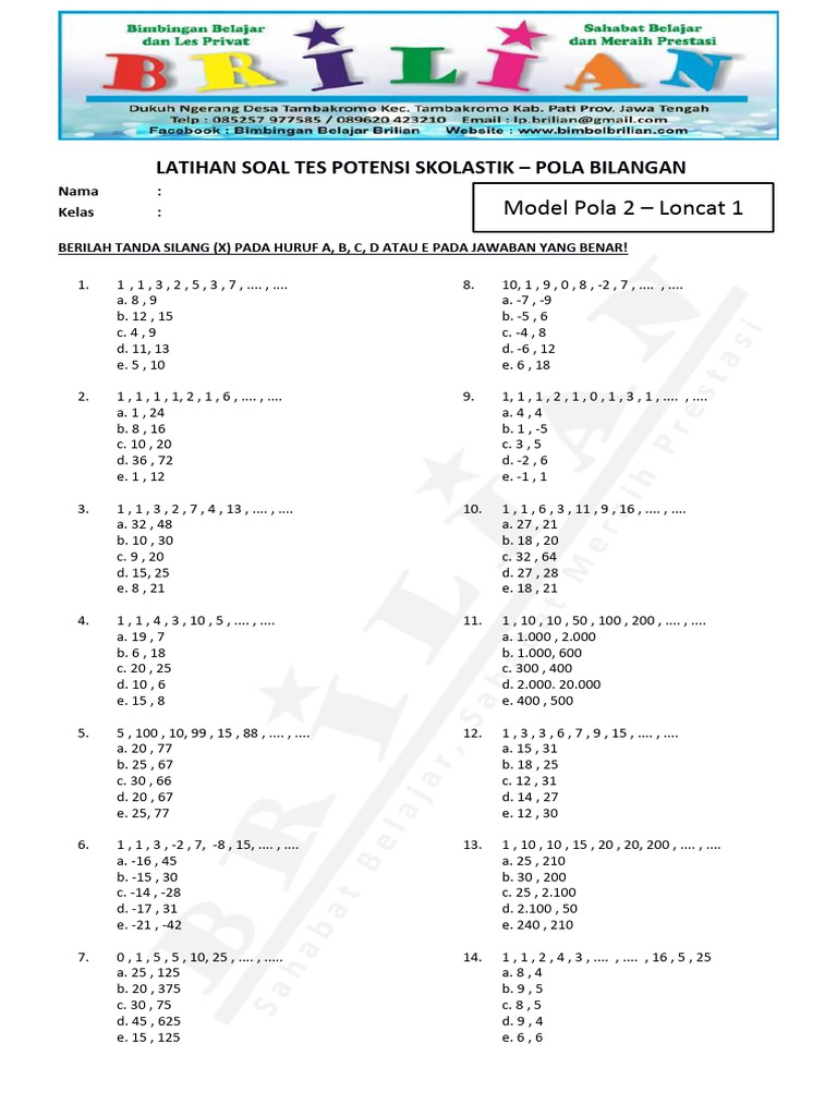 Soal TPS Pola Angka Bilangan Model Pola 2 Loncat 1 Dan Pembahasan | PDF