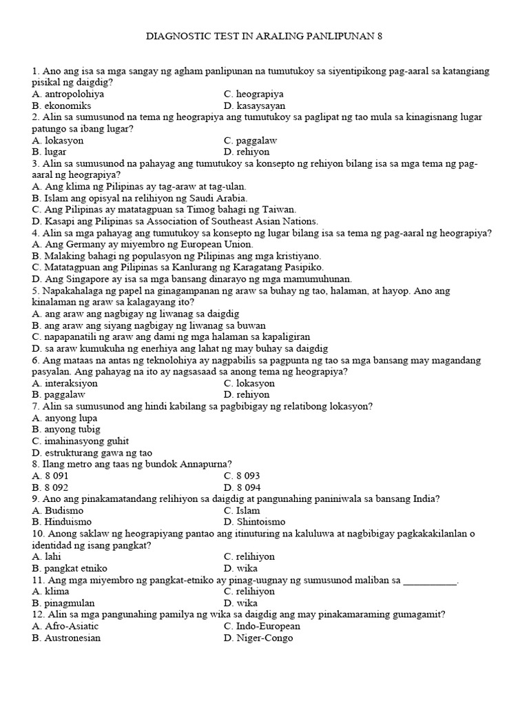 DIAGNOSTIC TEST IN ARALING PANLIPUNAN 8 | PDF