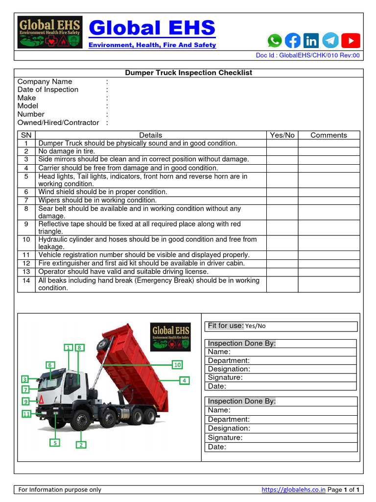 Dumper-Truck-Safety-Inspection-Checklist | PDF | Truck | Transport