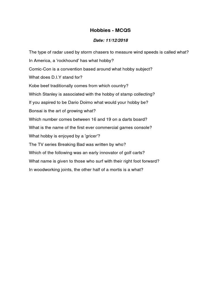 Hobbies Quiz: MCQs on Leisure Activities | PDF