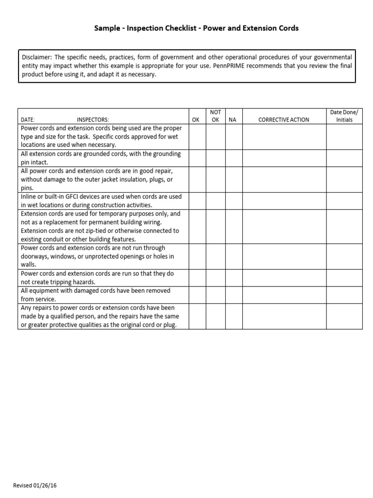 Sample - Inspection Checklist - Power and Extension Cords | PDF ...