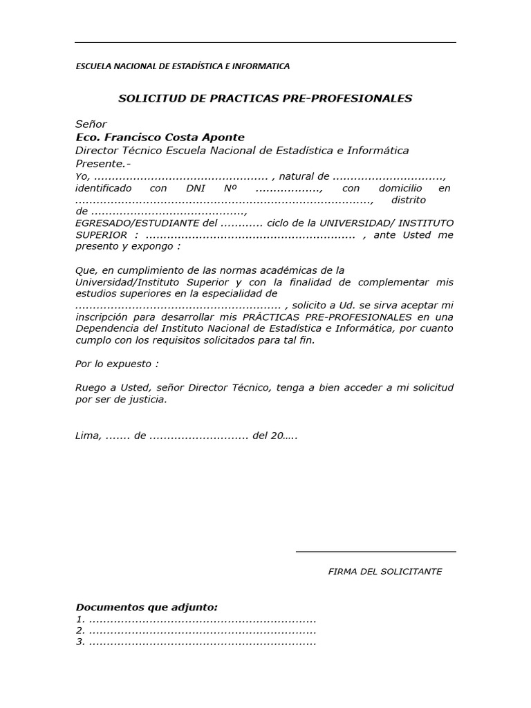 Solicitud de Practicas Pre-Profesionales: Señor Director Técnico Escuela Nacional de Estadística ...