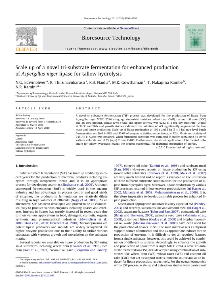 2010 Edwinoliver Et Al Aspergillus Niger Lipase | PDF | Enzyme | Hydrolysis