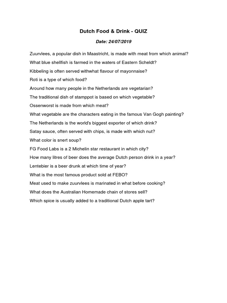 Dutch Food & Drink QUIZ 9 | PDF