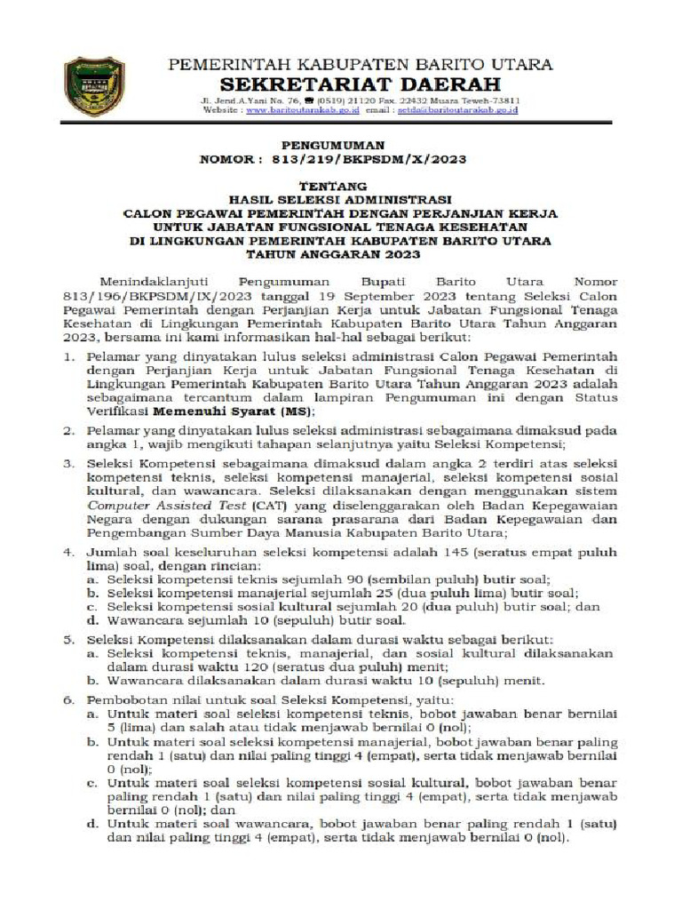 Pengumuman Hasil Seleksi Administrasi CPPPK Kesehatan 2023 - 001 | PDF Pengumuman Hasil Seleksi Administrasi CPPPK Kesehatan 2023 - 001 | PDF