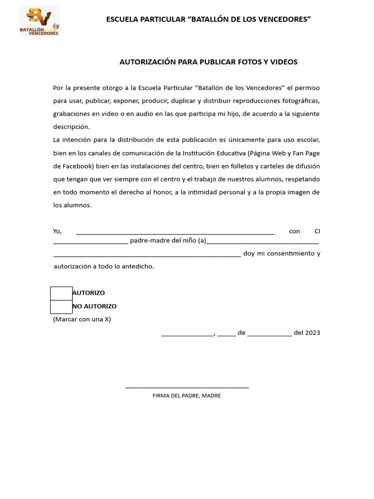 Autorizacion para Publicar Fotos y Videos | PDF | Crecimiento personal ...
