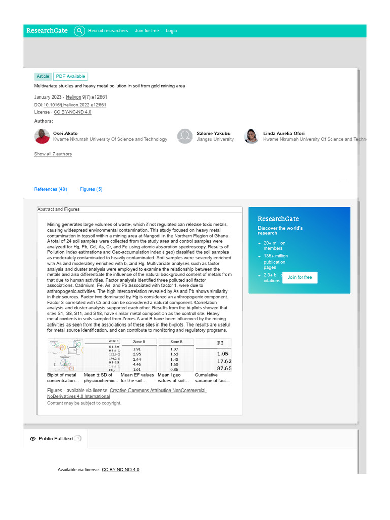 (PDF) Multivariate Studies and Heavy Metal Pollution in Soil From Gold Mining Ar | Download Free ...
