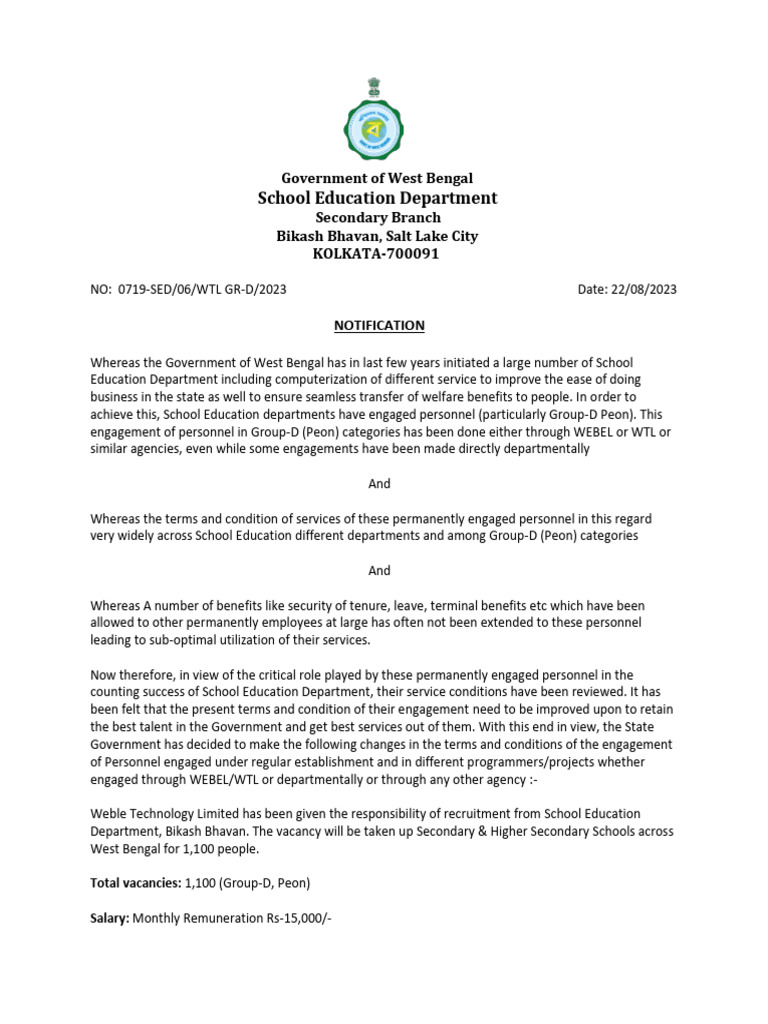Webel School Peon Notification Pdf Justice Crime Violence