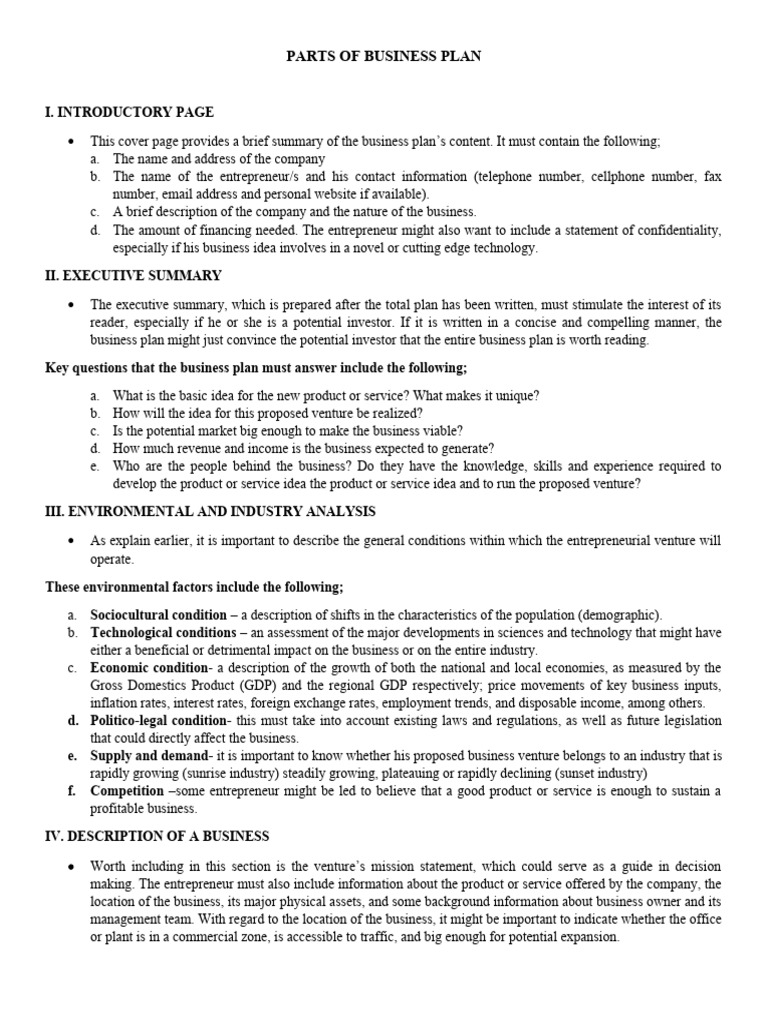 Parts of Business Plan Hand Out 3 2 | PDF