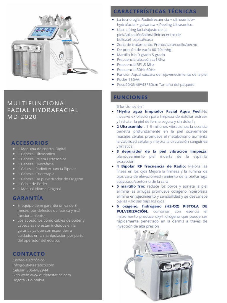 Manual Multifuncional-Facial-Hydrafacial-6-En-1-Md2020 | Descargar gratis PDF | Agua | Ultrasonido