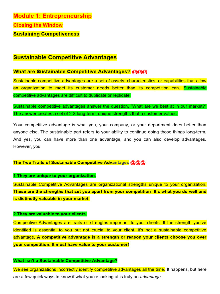 Module S1.6 - Closing The Window | PDF | Entrepreneurship | Competitive Advantage