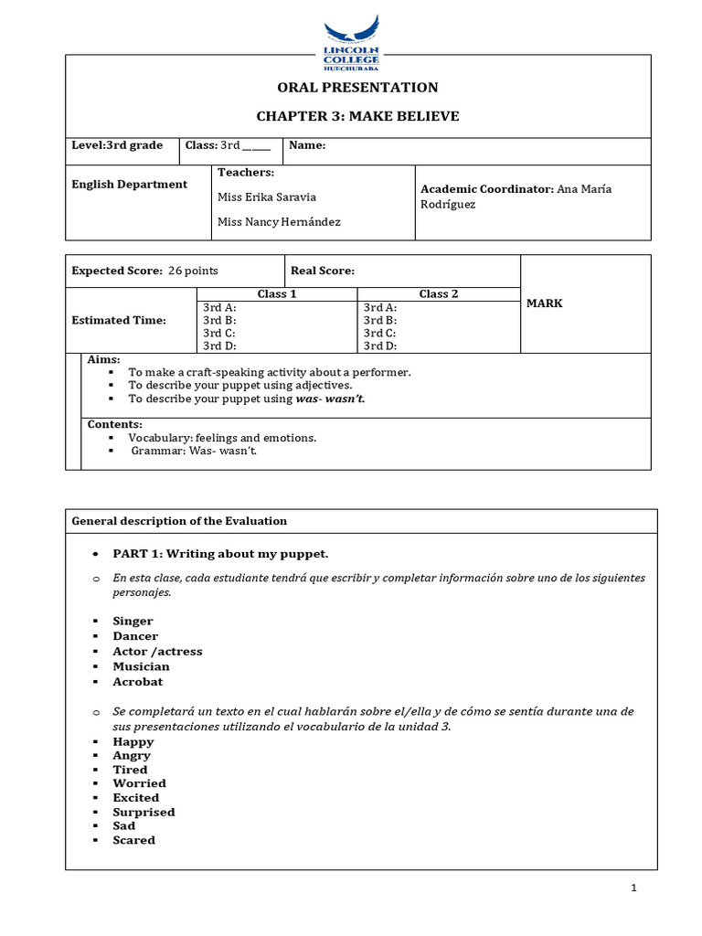 Oral Evaluation Chapter 3 (3rd Grade) | PDF