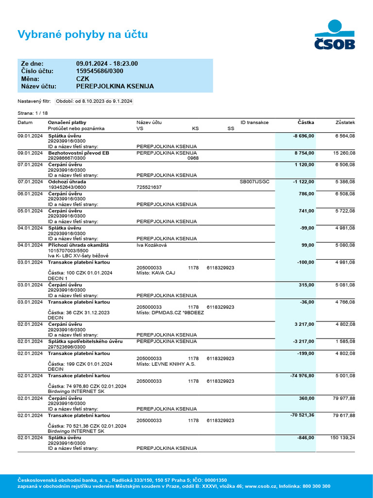 Csob Export Pohyby 20240109 18 23 | PDF