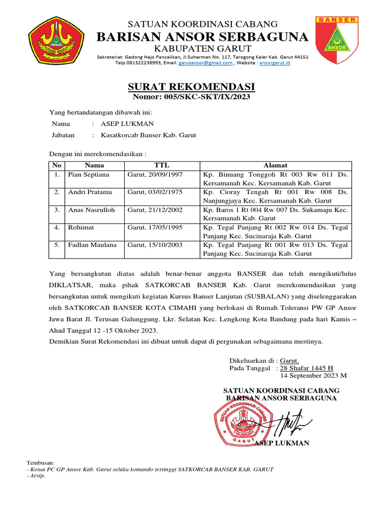 Surat Rekomendasi Susbalan Kota Cimahi | PDF
