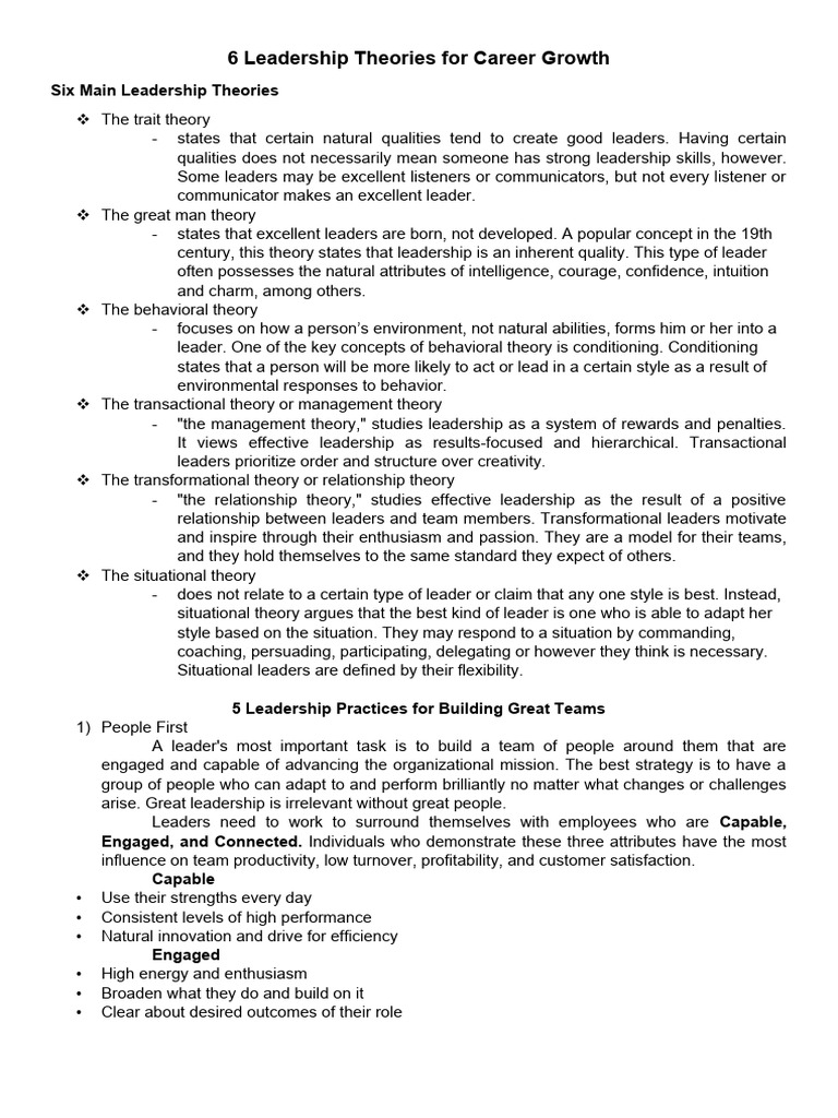 6 Leadership Theories For Career Growth | PDF | Leadership ...