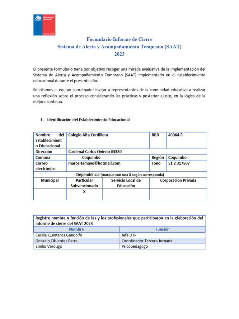 Formulario Informe Final de SAAT 2023 | PDF