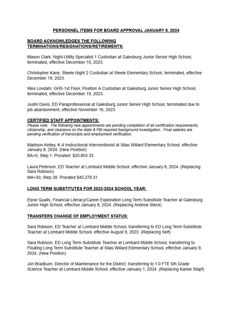 District 205 January 2024 Personnel Agenda | PDF