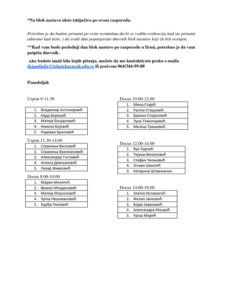 Raspored Blok Nastave 2024 | PDF