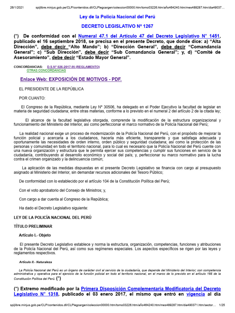 DL 1267 Ley de La PNP. 2021 | PDF | Policía | Oficial general