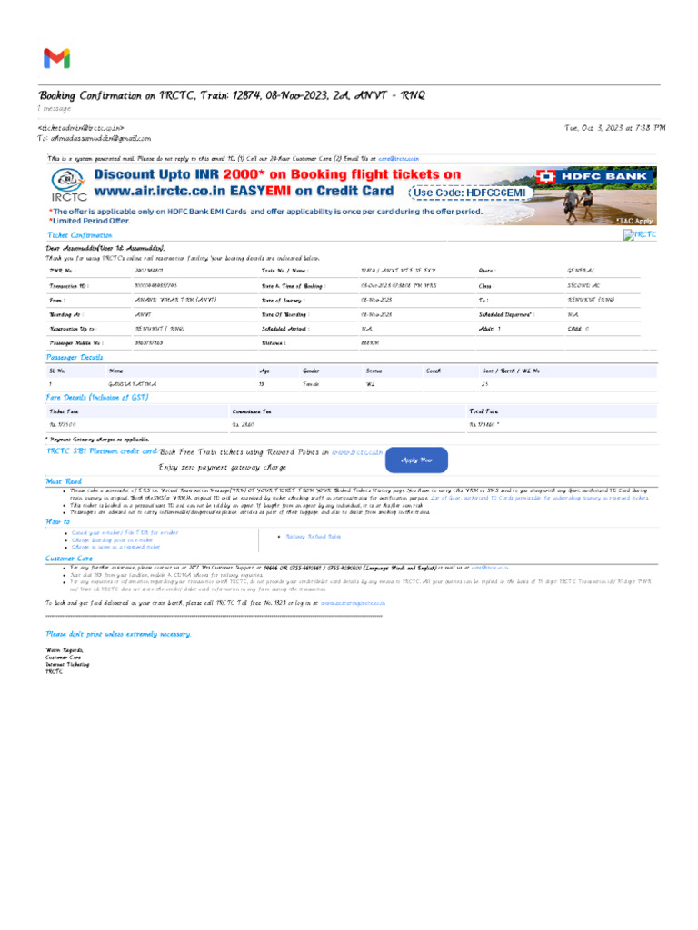 Gmail - Booking Confirmation On IRCTC, Train - 12874, 08-Nov-2023, 2A, ANVT - RNQ | PDF ...
