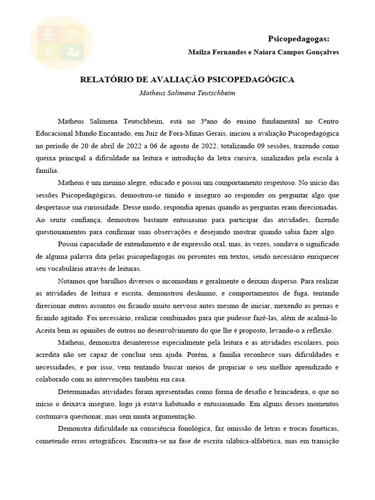 Relatório de Avaliação Psicopedagógica Matheus Salimena | PDF ...