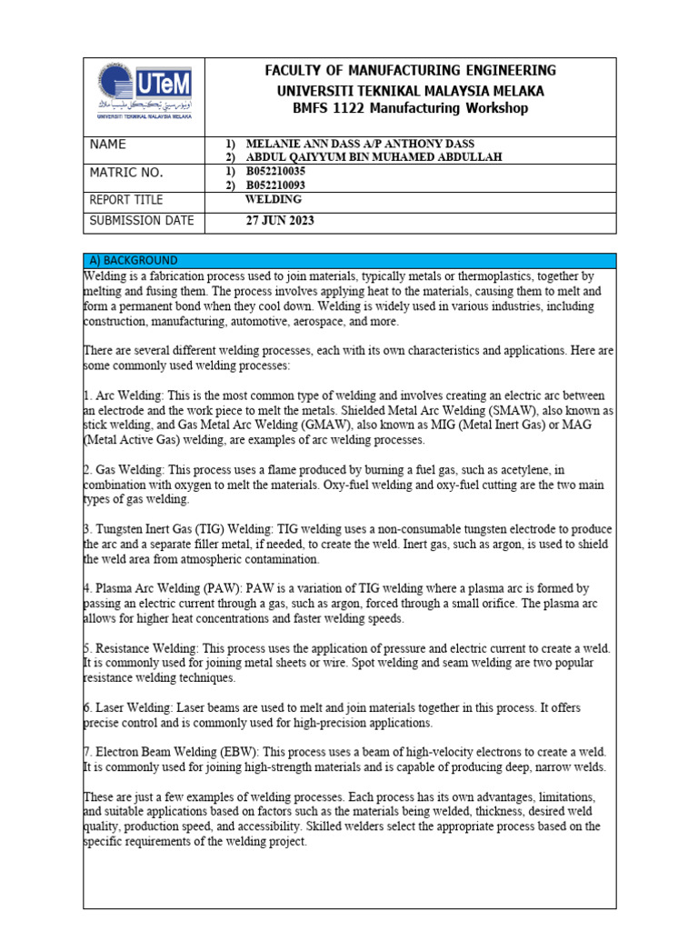 Workshop Welding - Report | PDF