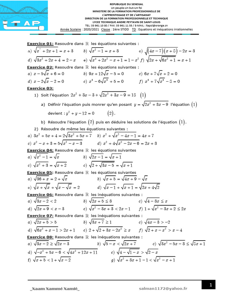 Exercices sur les équations irrationnelles | PDF | Équations | Objets ...