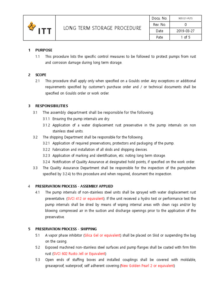 Long Term Storage Procedure | PDF