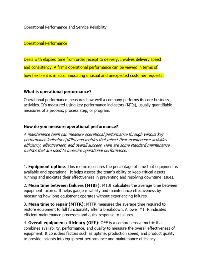 Operational Performance and Service Reliability | PDF | Reliability Engineering | Performance ...