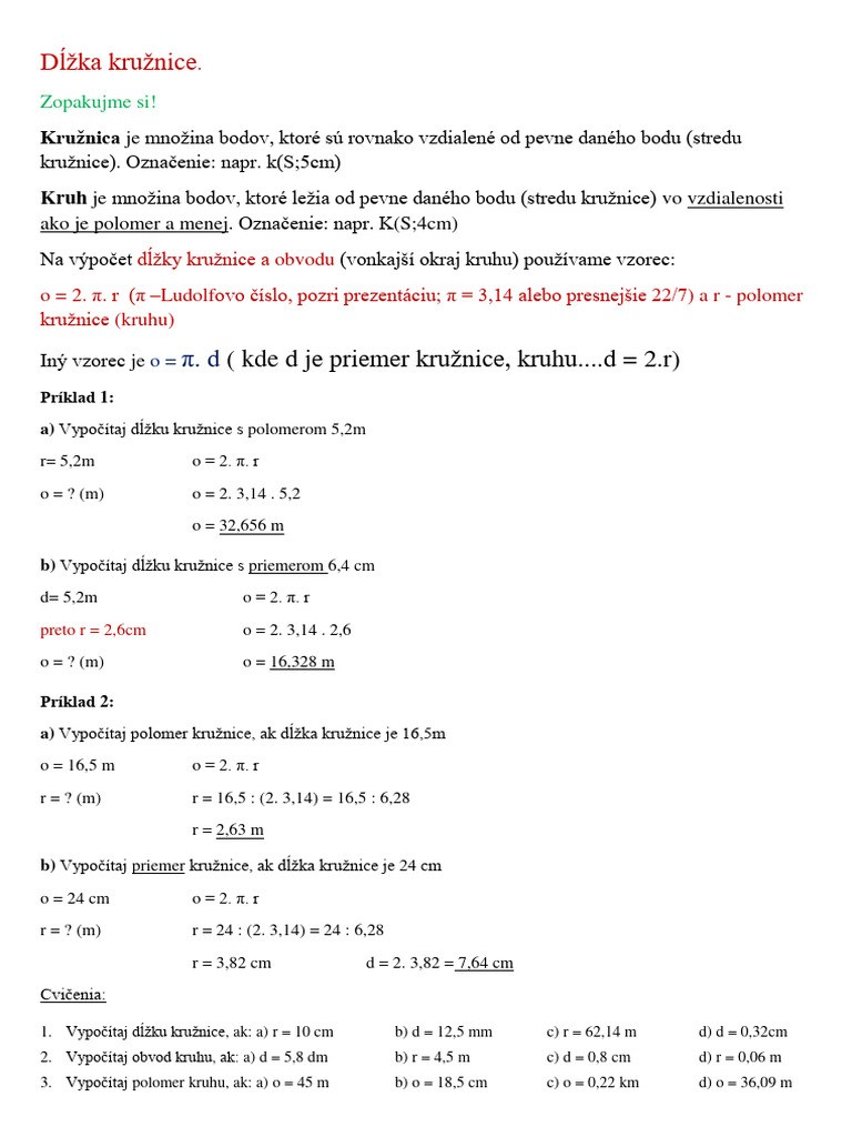 MATEMATIKA 8.A Dĺžka Kružnice Obsah Kruhu Vzorce Cvičenia | PDF
