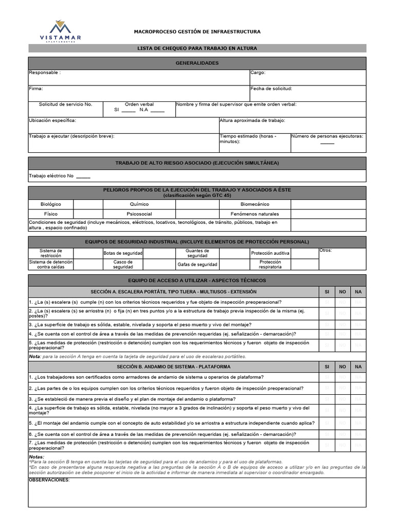 Copia de Formato Lista de Chequeo para Trabajos en Altura ATS | PDF ...