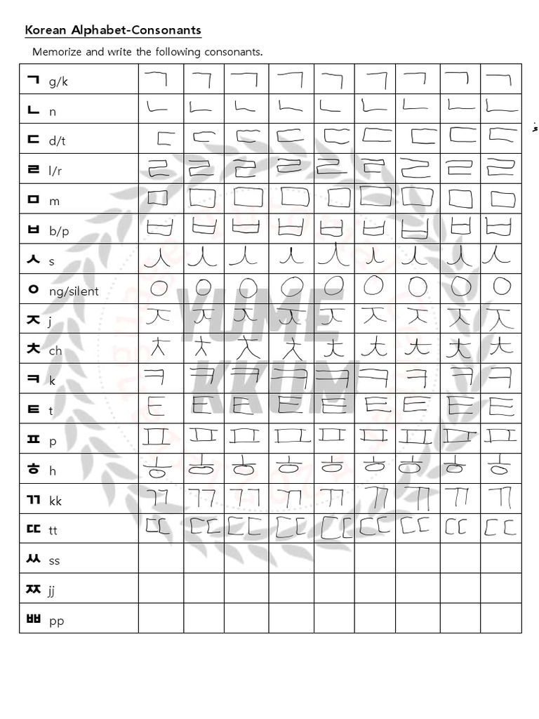 Korean Consonants Worksheet-Yume | PDF