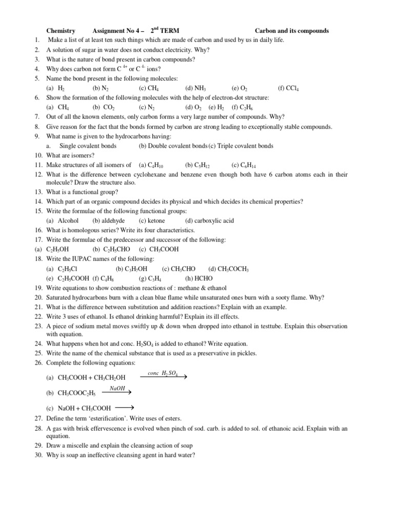 CBSE Class 10 Chemistry Worksheet | Download Free PDF | Chemical Bond ...