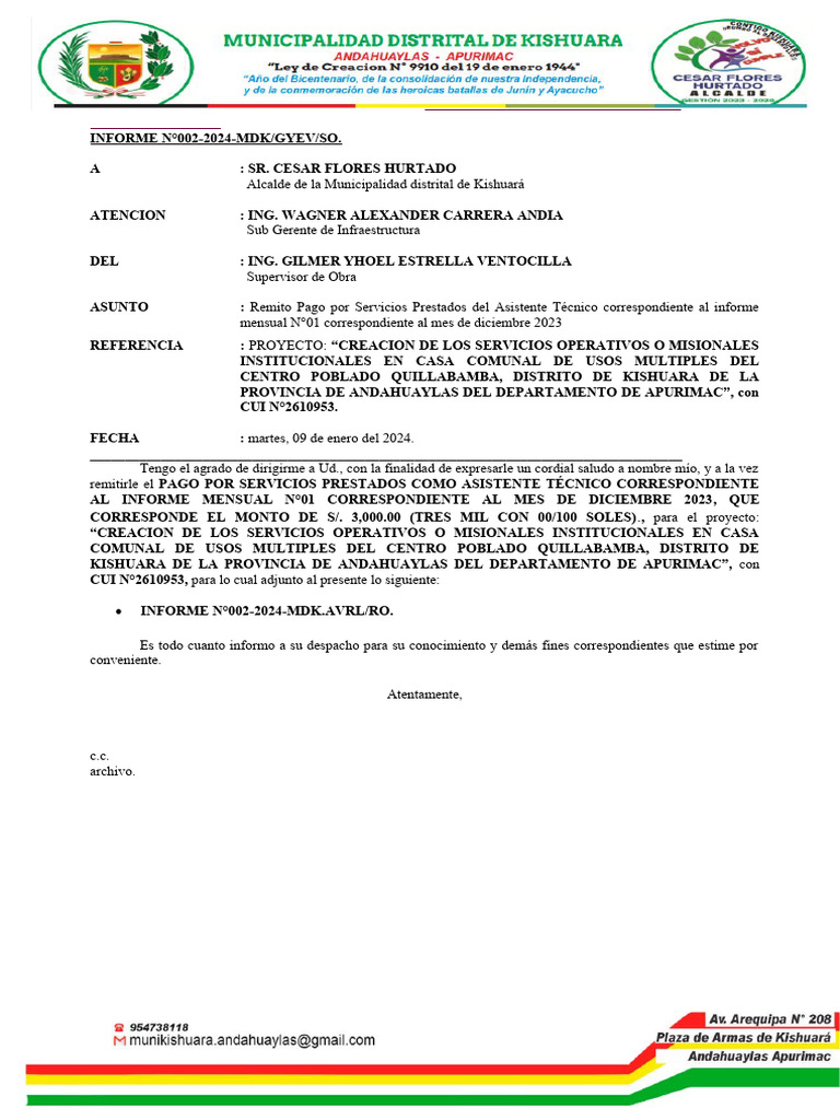 Informe N°002 Al Super Asistente Técnico | PDF