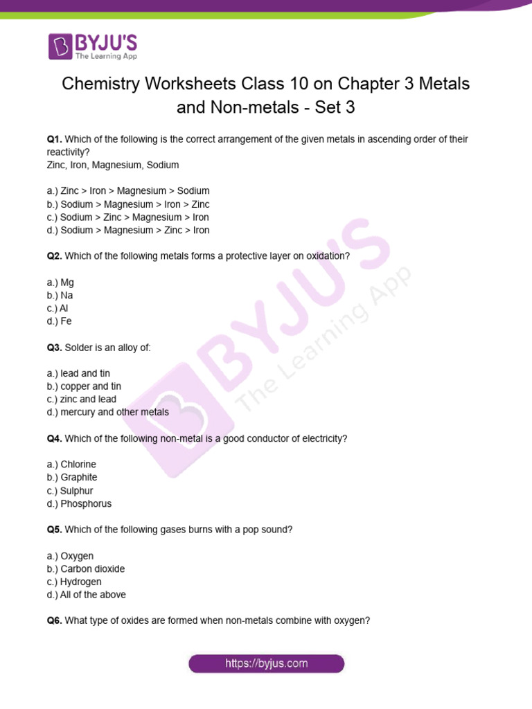 Class 10 Chemistry: Metals & Non-Metals Quiz | PDF | Oxide | Zinc