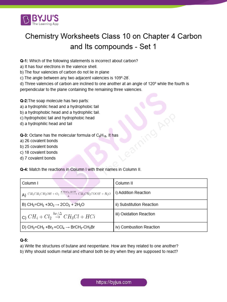 Chemistry Worksheets Class 10 On Chapter 4 Carbon and Its Compounds Set ...